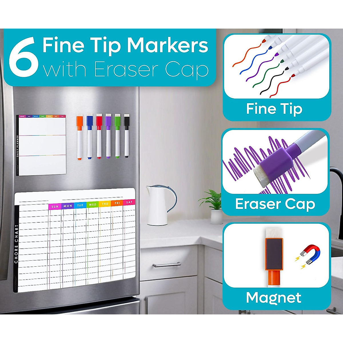 Magnetic Chore Chart Dry Erase Whiteboard Set - Reward Chores Chart for Multiple Kids, Teens & Adults (11.5"x 15"), Daily To-Do, Grocery, Notes (7"x 9") -Behavior Chart For Fridge & 6 Fine Tip Markers