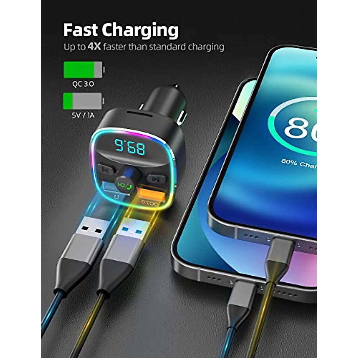 Nulaxy Bluetooth FM Transmitter for Car,Bluetooth Car Adapter with Dual USB Charging Car Charger MP3 Player Support TF Card & USB Disk,Hands Free Calling,7 Colors Led Backlit Light