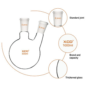 XCD Round Bottom Flask with 2 Necks, Borosilicate Glass Round Bottom Flask RBF Heavy Wall 2 Neck Lab Flask with 24/40 Center and Side Standard Taper Outer Joint (500 ml)
