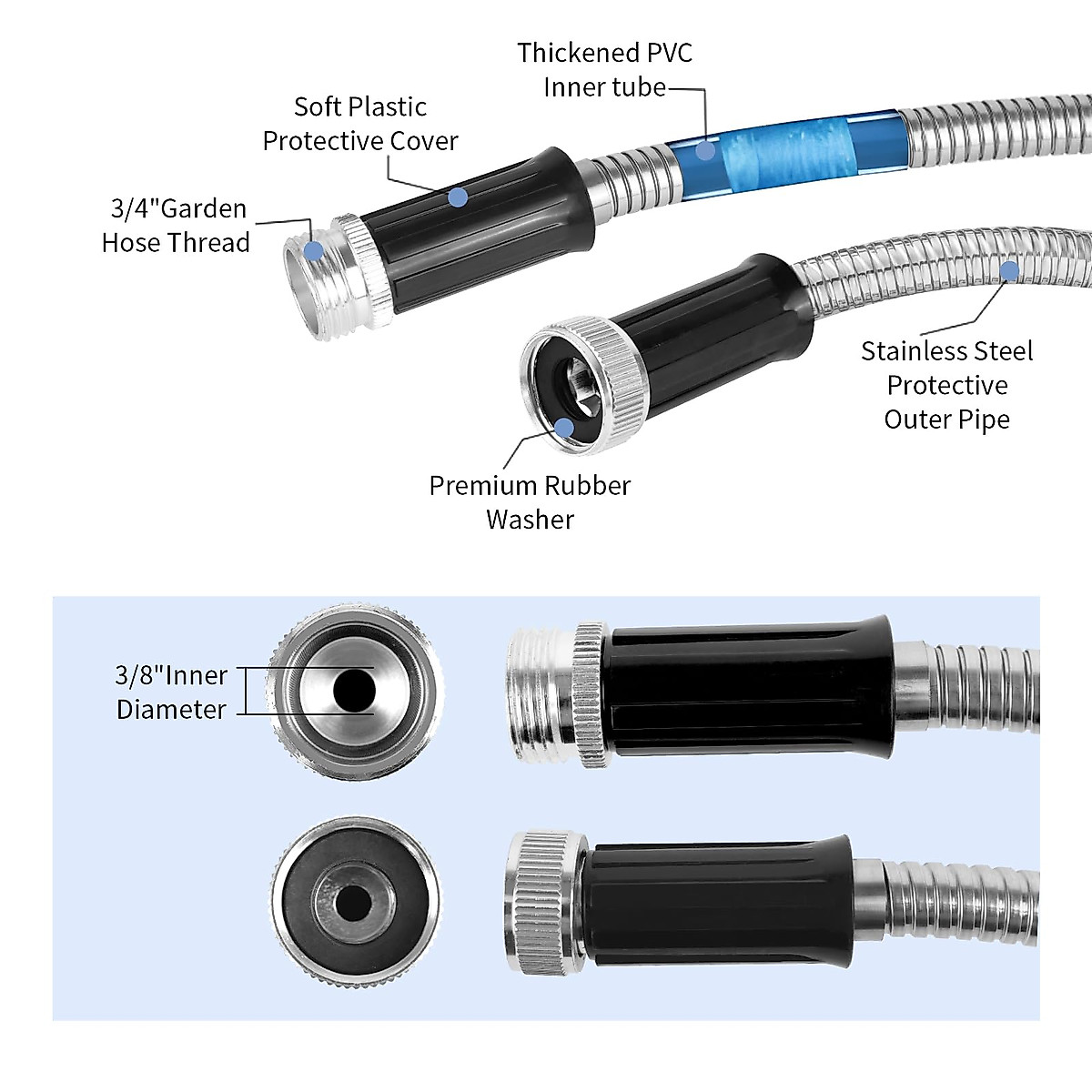 CUHBIV Metal Garden Hose 50FT,Stainless Steel Metal Hose with 10 Function Nozzle, Heavy Duty Collapsible Water Hose with Hose Holder,Kink Free & Tangle Free Flexible Garden Hoses for Outdoor