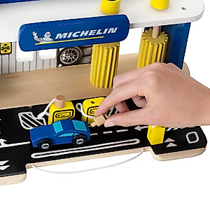 Theo Klein Michelin Car Service Station Kids Wooden Toy Playset with 2 Cars, 2 Fuel Pumps, and Car Wash Station for Ages 3 and Up