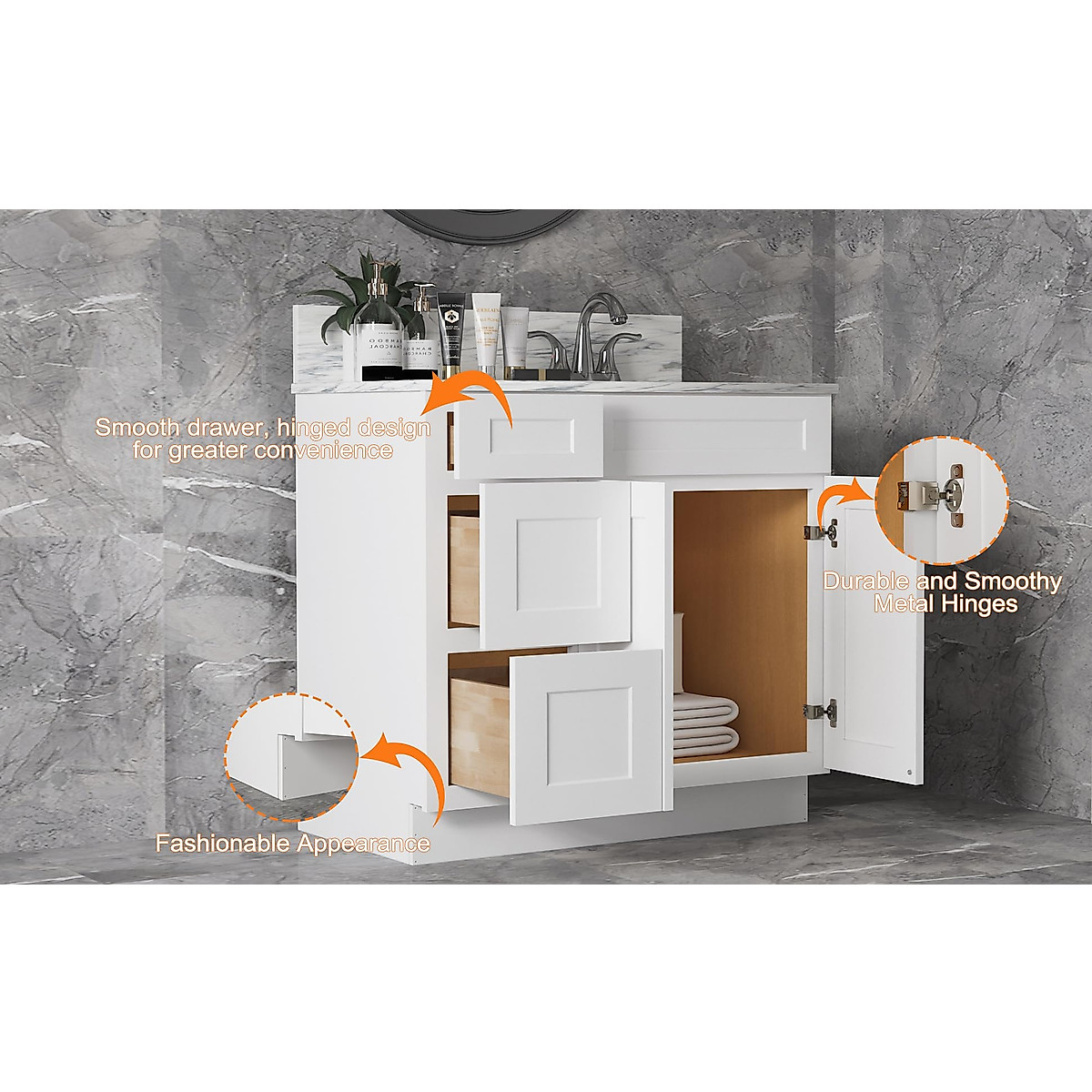 LOVMOR 36'' Bathroom Vanity Sink Base Cabinet with 2-Doors, Storage Cabinet with 3-Drawers on The Left, Suitable for Bathrooms, Kitchens, Laundry Rooms and Other Places.