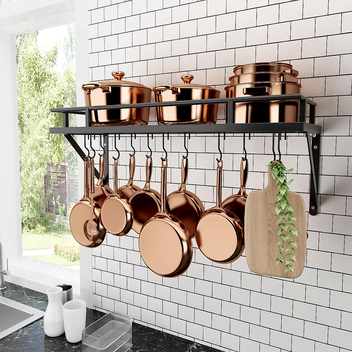 KES 30-Inch Kitchen Pan Pot Rack Wall Mounted Hanging Storage Organizer Wall Shelf with Hooks Matte Black, KUR215S75A-BK