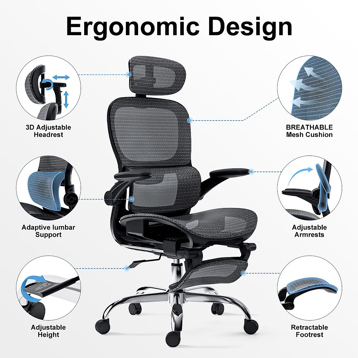 Ergonomic Office Chair,Office Chair with Tilt Function,Mesh Office Chair with Footrest,Ergonomic Chair with Adaptive Backrest, Adjustable Headrest,SGS Class 4 Gas Clylinder and Flip-Up Armrests