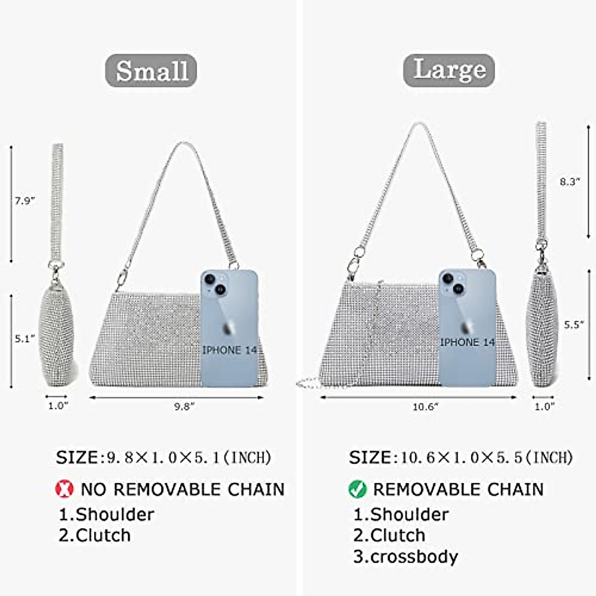 YIKOEE Rhinestone Clutch Purses for Women Bling Evening Bag (Silver)