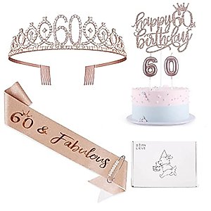 BEAN LIEVE 60th Birthday Decorations - Including 60th Birthday Sash, 60th Birthday Diamond Crown/Tiara, Birthday Candles and Cake Toppers, Rose Gold Maiden Gift 60th Birthday Celebration.