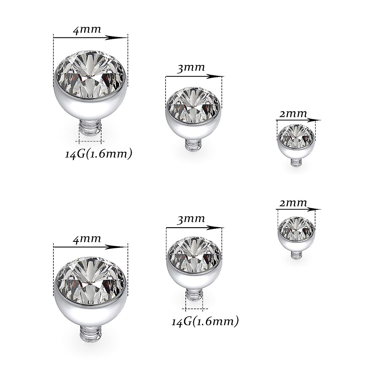 Vsnnsns Dermal Piercing Jewelry Kit, 12Pcs G23 Titanium Dermal Anchor Tops, Internally Threaded, 14G 1.6mm, 2/3/4mm, Clear CZ, for Women Men