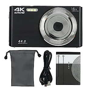4K HD Camera, 2.8in Screen Shock Proof Mini Size 16X Digital Zoom Camera 44MP Plastic Housing for Recording (Black)