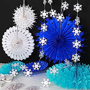 Decor365 Ice Blue Snowflake Party Decorations White Hanging Paper Fans Decor Snowflakes Garlands Backdrop Banner Streamers for Winter Wonderland Birthday/Christmas/Baby Shower/Wedding/Kids Room