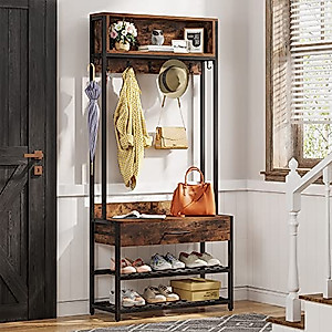 LITTLE TREE 4-in-1 Entryway Hall Tree with Drawer, Industrial Coat Rack with Shoe Bench, Shoe Storage Rack, Hutch and 9 Hooks, Rustic Brown