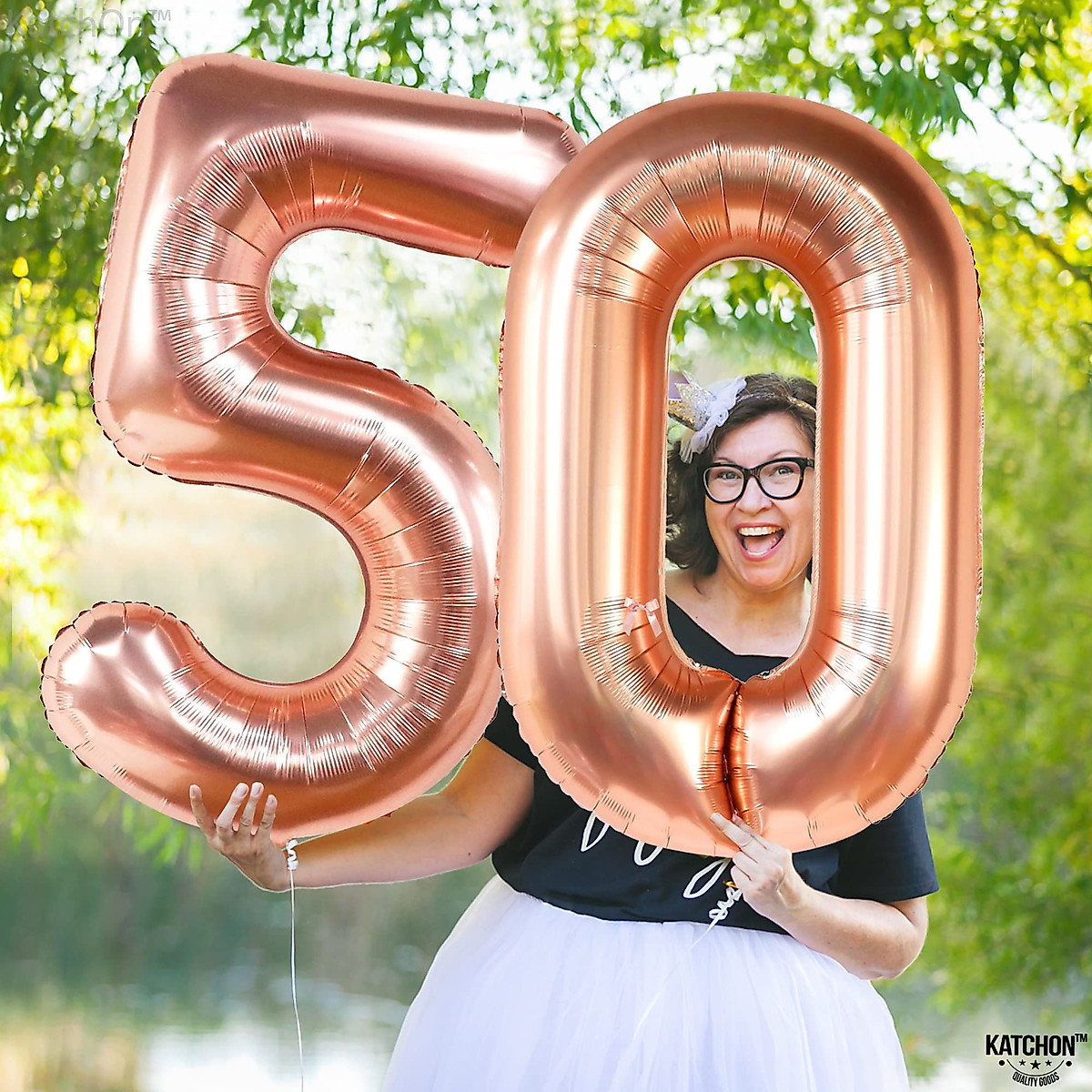 KatchOn, Rose Gold 50th Birthday Balloons - Giant, 40 Inch | 50 Balloon Number | 50th Anniversary Decorations