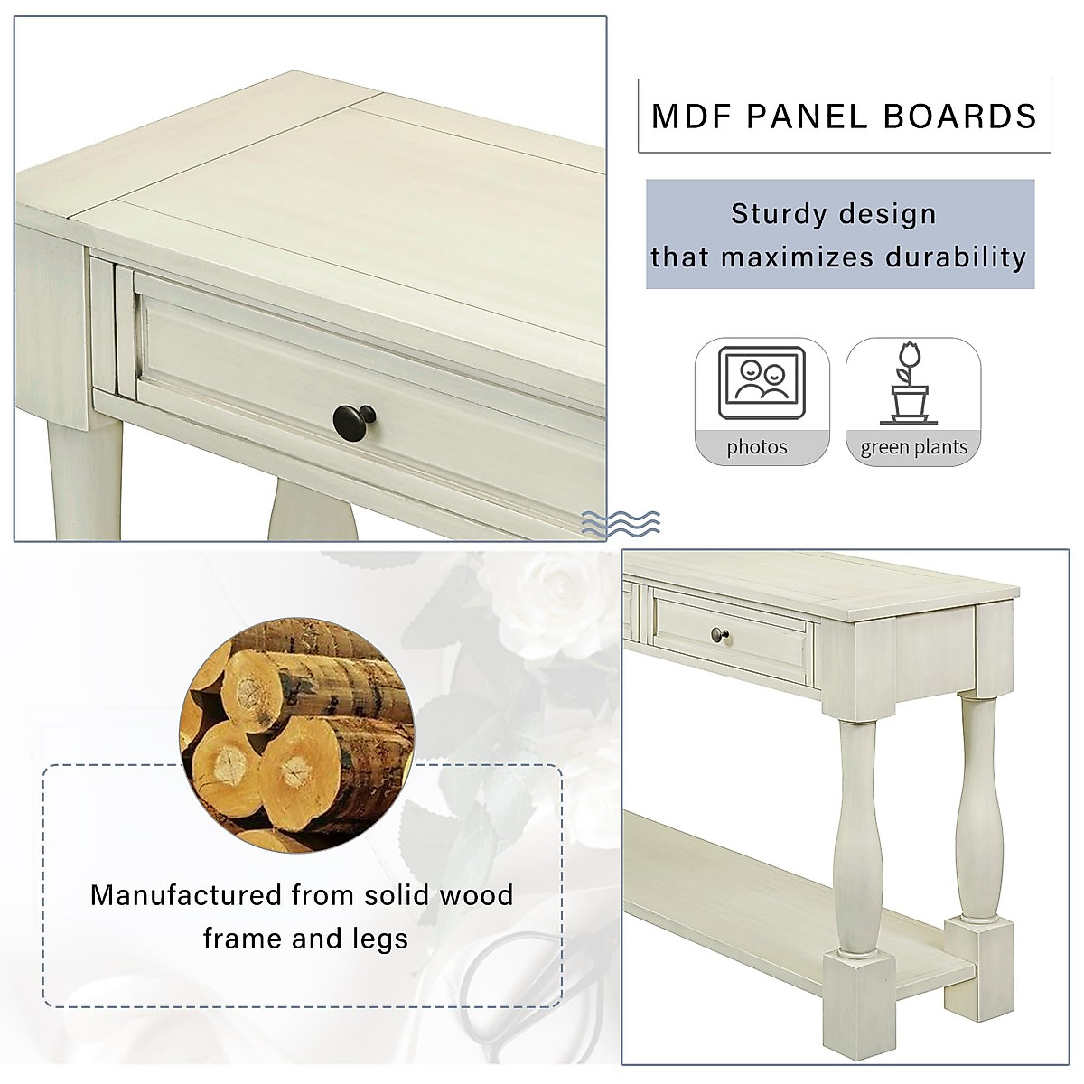 Merax LUMISOL 64 inch Long Console Sofa Table with 3 Drawers and Bottom Shelf, Hallway Table Entryway Table for Living Room, Easy Assembly (Antique White).