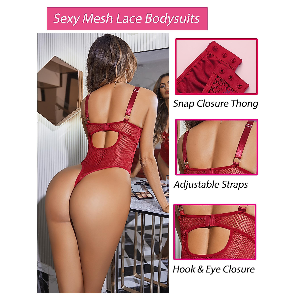 Avidlove Underwire Teddy Woman Sexy Lingerie Snap Crotch Lace Bodysuit Mesh One Piece Babydoll (Wine Red, Medium)