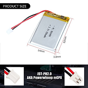 AKZYTUE 3.7V 650mAh 383450 Lipo Battery Rechargeable Lithium Polymer ion Battery Pack with JST Connector