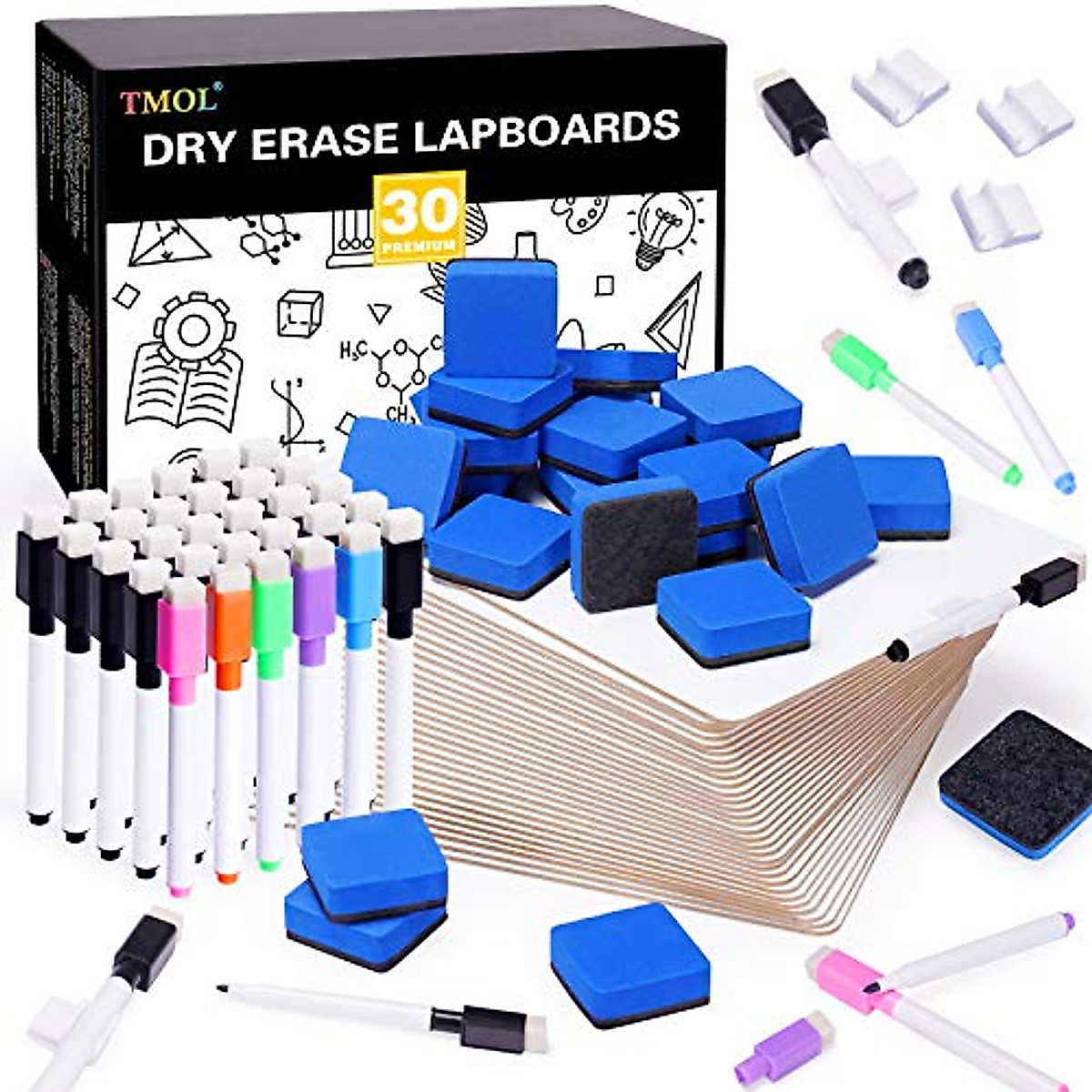 30 Piece Dry Erase Lap Boards Double-Sided for Classroom, 9 x 12 Inches Portable Lap Board Classroom Whiteboard with 60 Pens, 30 Erasers and 30 Pen Holders for Students and Adults