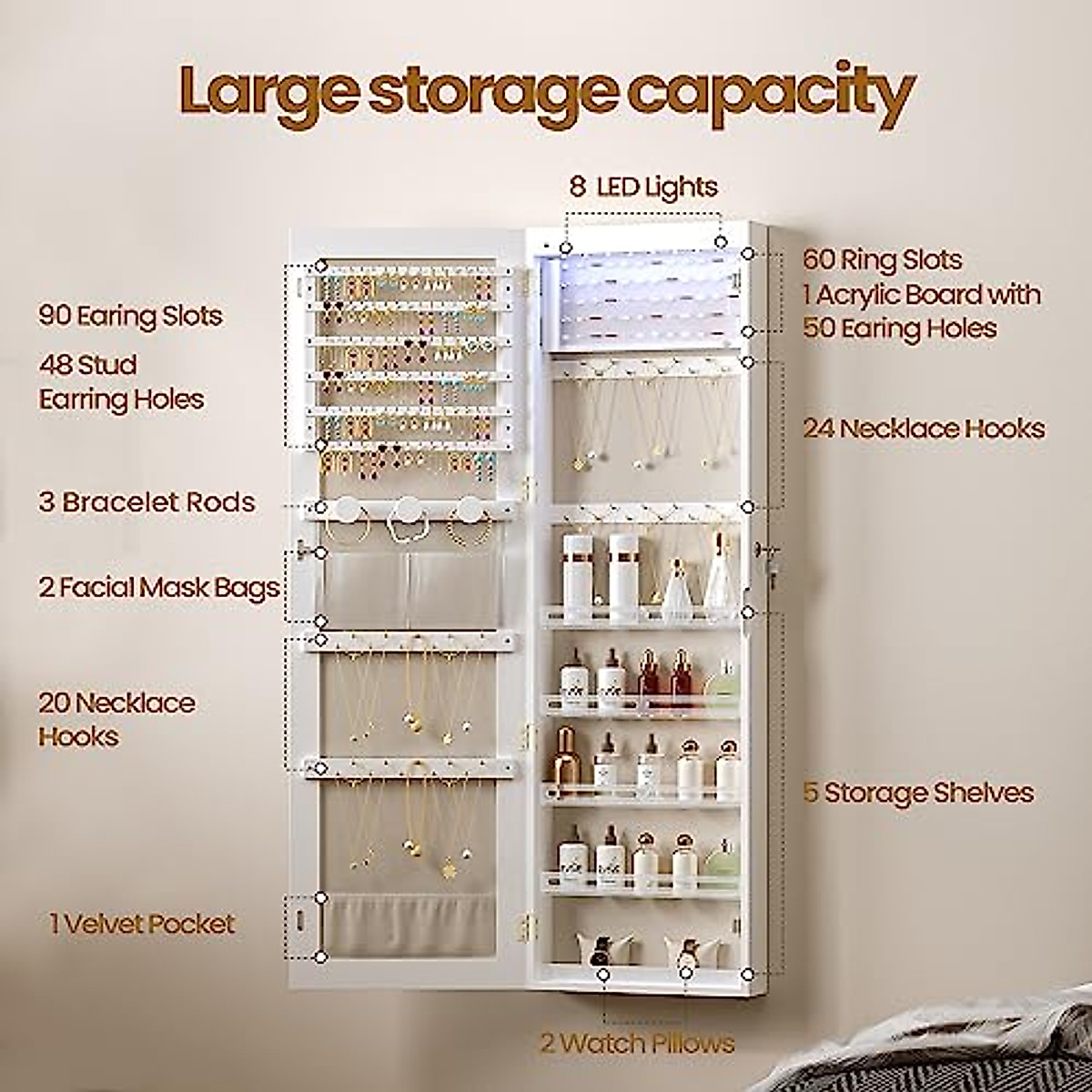 Hzuaneri 8 LEDs Mirror Jewelry Cabinet, 47.2-inch Jewelry Armoire Organizer, Wall/Door Mount Lockable Storage Cabinet with 6 Earrings Shelves, 2 Makeup Pockets, White and Beige JC12003BE