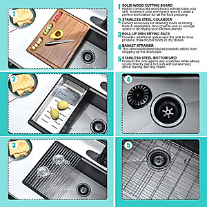 33 Inch Black Stainless Steel Undermount Kitchen Sink - iAnomla 33x19x10 Undermount Workstation Sink 16 Gauge Gunmetal Black Deep Single Bowl Kitchen Sink with Cutting Board & Colander