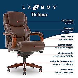 La-Z-Boy Delano Big & Tall Executive Office Chair | High Back Ergonomic Lumbar Support, Bonded Leather, Brown | 45833 model