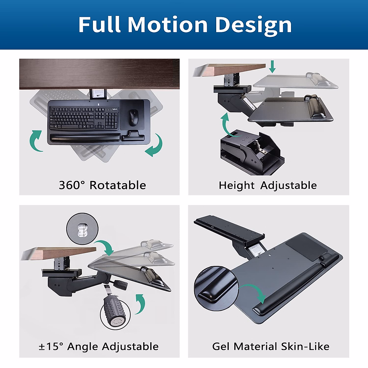 Adjustable Keyboard Tray Ergonomic Design Standard Under Desk Platform Large Space Track CARTMAY
