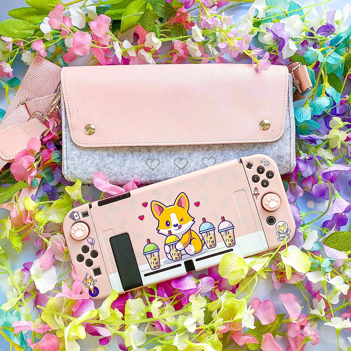 BelugaDesign Corgi Boba Switch Bundle | Cute Kawaii Dog Bubble Tea Pastel Pet Case | Cover Shell with Thumb Grips Compatible with Nintendo Switch (Switch Standard, Pink)