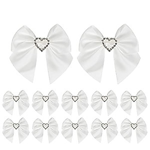 AIMUDI White Bows Satin Ribbon Rhinestone Bows 3" Premade Sparkle Bows with Gems Pre-Tied Craft Bows with Rhinestone Gift Bows for Wedding Sewing Crafts Gift Wrapping Baby Shower - 12 Counts
