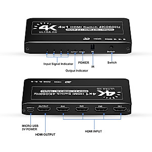 avedio Links 4K@60HZ HDMI Switch 4x1, HDMI Switch 4 in 1 Out with IR Remote Control, 4 Port HDMI Switcher Selector
