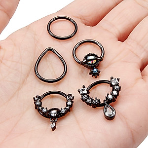 Vsnnsns 16G Septum Rings Piercing Jewelry Septum Jewelry CZ Clicker Ring Stainless Steel Septum Hinged Segment Nose Rings Hoop Piercing Jewelry for Men Women 10mm 5pcs Black
