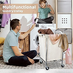 Renicbliss Laundry Cart with Wheels, Rolling Laundry Hamper with Wheels and Handle, Large Dirty Clothes Hamper for Laundry Heavy Duty, Beige