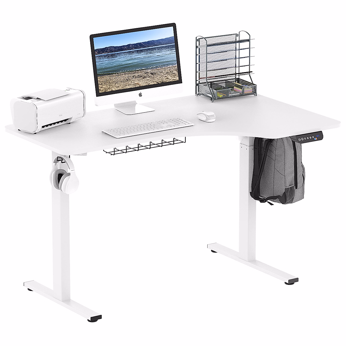SHW 55-Inch L-Shaped Electric Height Adjustable L-Shaped Standing Desk with Right Facing Corner, White