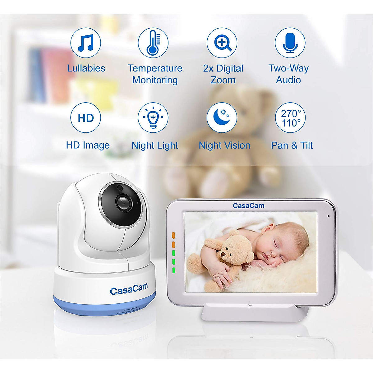 CasaCam BM200 Video Baby Monitor with 5" Touchscreen and HD Pan & Tilt Camera, Two Way Audio, Lullabies, Nightlight, Automatic Night Vision and Temperature Monitoring Capability