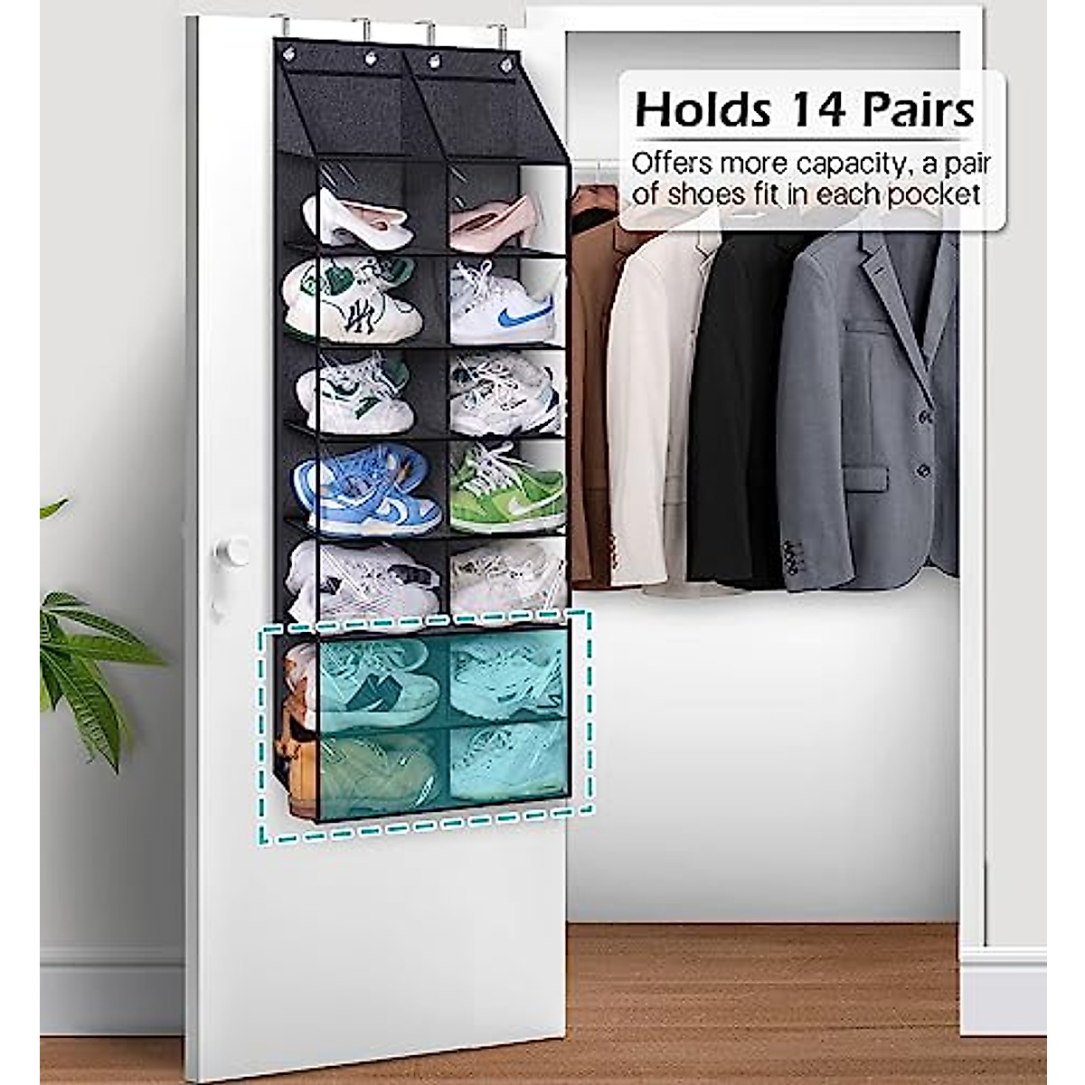 MISSLO Over the Door Shoe Rack for Door fit 14 Pairs Dustproof Over the Door Shoe Organizer Hanging for Closet Storage