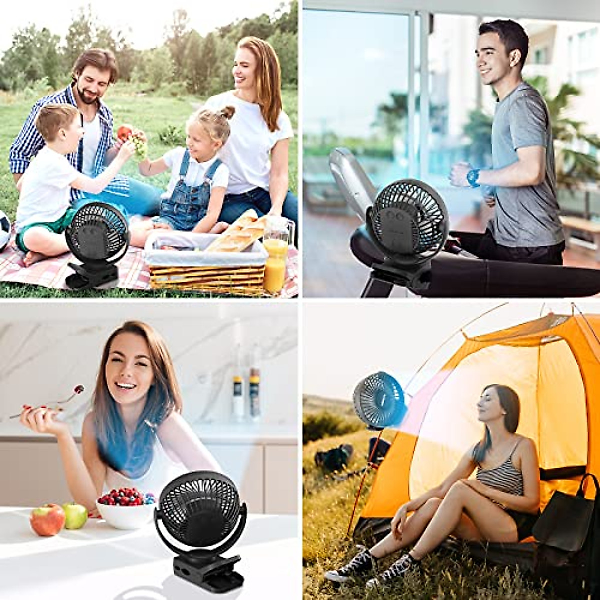 Portable Clip on Fan 65 Working Hours, Camping Fan with LED Lights & Hook, 12000 Capacity Battery Operated Fan with Clamp, USB Rechargeable for Desk, Tent, Treadmill, Stroller, Golf Cart, Home