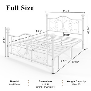 LoVinson Full Size Bed Frame，Metal Platform Bed Frame with Headboard, Butterfly Pattern Design Headboard & Footboard, Strong Metal Slat Support, Easy Assemble, No Box Spring Needed, Noise Free, White