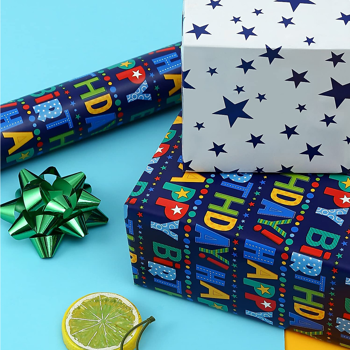 AUCLAY Reversible Birthday Wrapping Paper for Boys Girls Kids Adults Baby Shower Holiday - Colorful Happy Birthday Lettering and Stars Design - Gift Wrapping Paper Roll, 17.7 Inch X 33 Feet