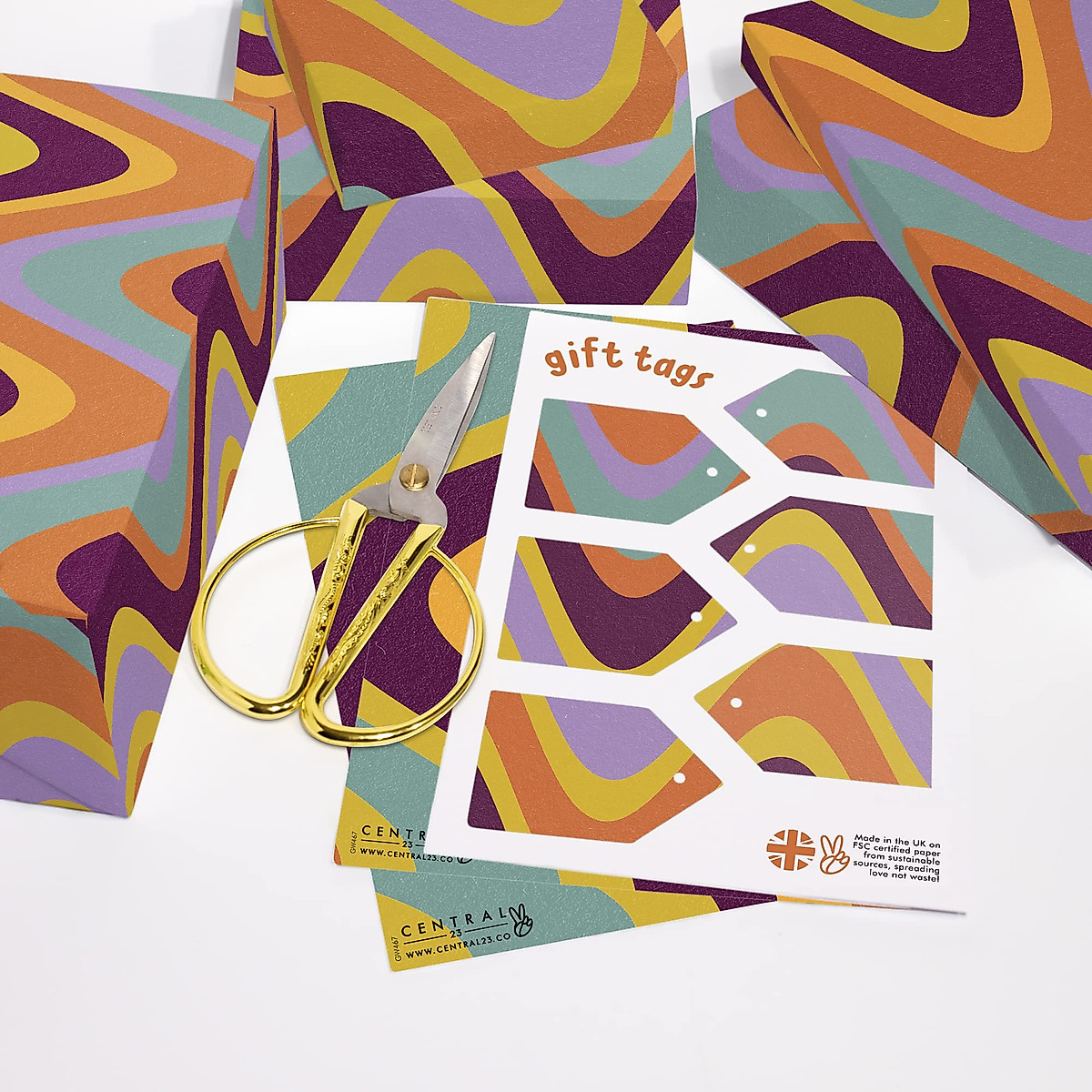 CENTRAL 23 Retro Wrapping Paper - 6 Sheets of Colorful Gift Wrap - Happy Birthday Gift Wrap for Her - Boho - Hippie - Vibrant Waves - Vegan Ink - Comes With Fun Stickers