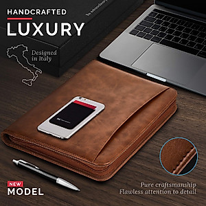 NERO MANETTI- Zippered Vegan Leather Padfolio/Portfolio Pad Holder-Business PU Leather Notepad Folder for Resumes, Interviews, iPad/Tablet, Phone, Legal Pad Notebook Executive Binder for Women, Men