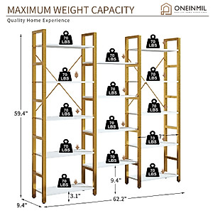 oneinmil Industrial Bookshelves 5 Tiers Corner Bookcases,Large Book Shelf with Metal Frame Open Storage Corner Cabinet for Living Room Home Office,Golden