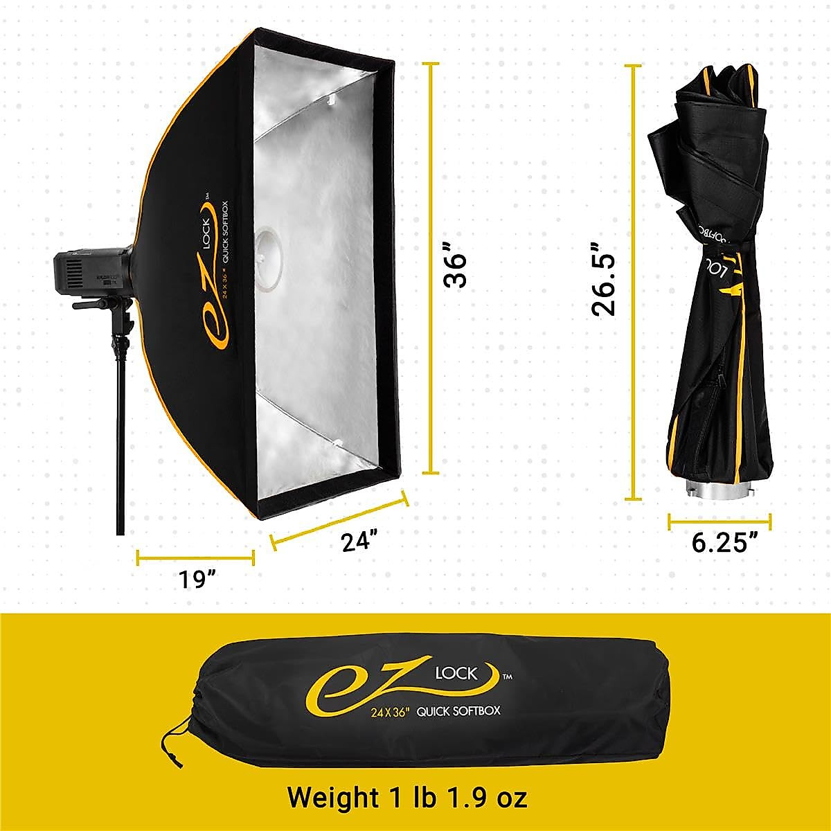 Glow EZ Lock 24x36 Quick Strip Rectangular Bowens Mount Softbox Lighting Kit with External, Internal Diffusers, Deflector Disk and Eggcrate Grid, Folding Softbox for Photography Studio Lighting