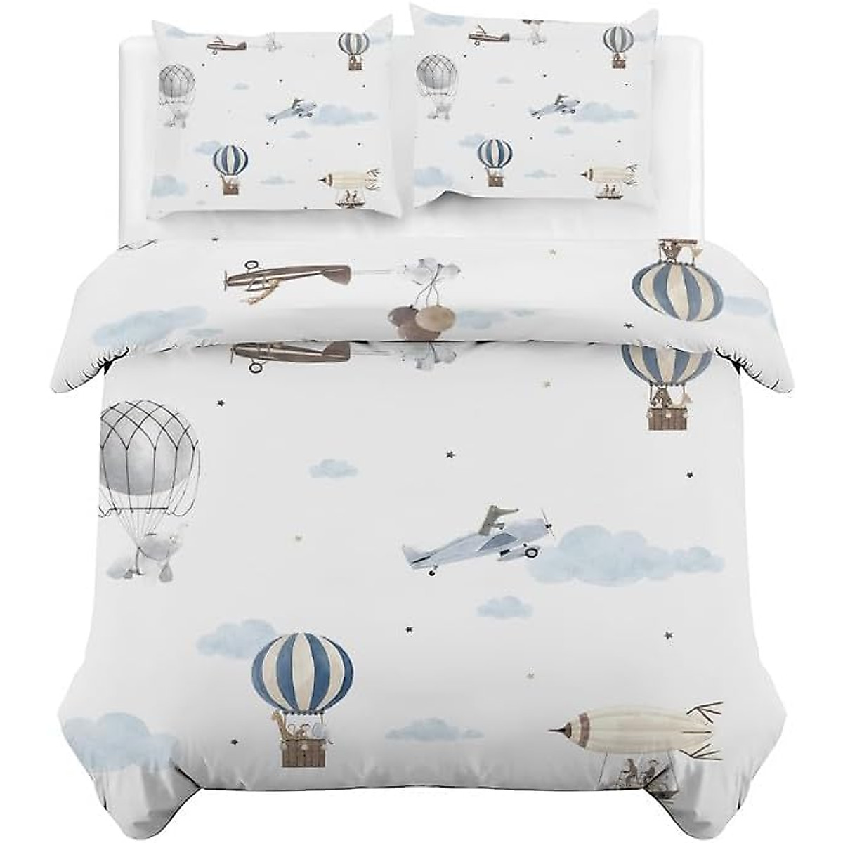 BIAFRA hot air Balloon Duvet Cover Twin Small Airplane Printed Bedding Set 3 Pieces Reversible Design Soft Microfiber Comforter Cover with Zipper Closure and 2 Pillowcases