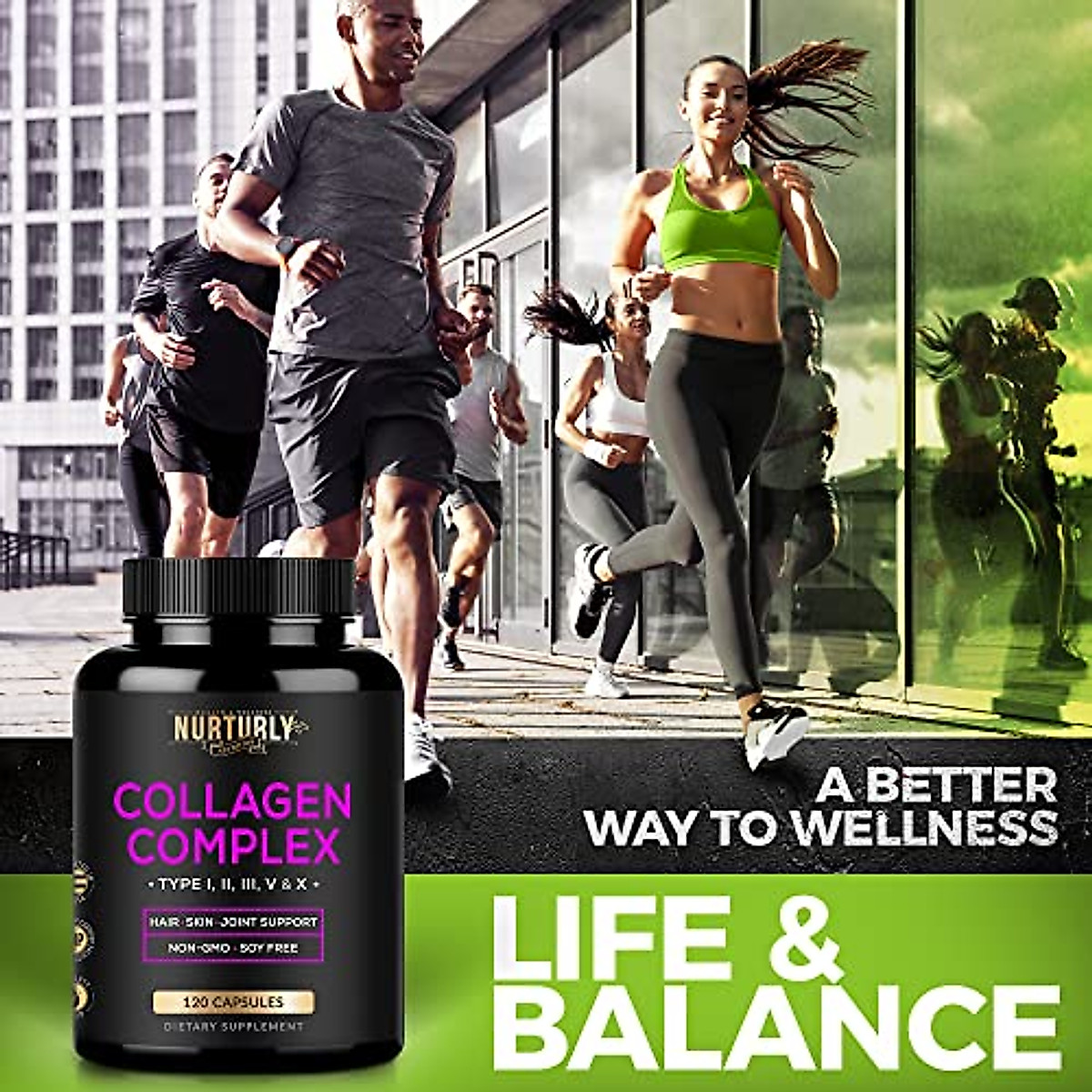 NURTURLY Multi Collagen Peptides Powder Capsules - Hydrolyzed Collagen Peptides Types (I, II, III, V & X) - Collagen Supplements for Joint Health, Anti-Aging, Hair, Skin & Nails - 120 Capsules