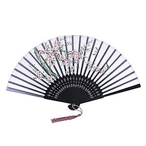 PHONME Decorative Folding Fans Folding Fans Chinese Style Dance Wedding Party Lace Silk Handheld Flower Fan Gift Hand Fan Vintage Style (Color : Navy)