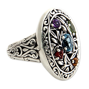 NOVICA Artisan Handmade Blue Topaz Peridot Cocktail Ring Silver Multigem Sterling Amethyst Garnet Citrine Multicolor Indonesia Floral Birthstone [crownbezel 1 in L x 0.7 in W x 0.3 in H Band Width 4 ]