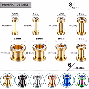 IRONBOX 6Pairs Ear expander Surgical Steel Tunnel Expander Earrings 14G-01G CZ Plugs Body Piercing Jewelry Set