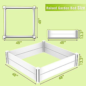 Kdgarden Raised Garden Bed Kit 4'x4' Outdoor Above Ground Planter Box for Growing Vegetables Flowers Herbs, DIY Gardening, Whelping Pen and More, Screwless White Vinyl Garden Bed with Grid
