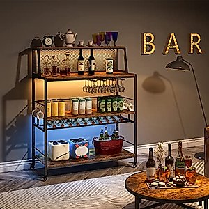 Jevindo Bar Carts for The Home, 41 Inches Liquor Cabinet, Modern Bar Cabinet with Movable Wheels Base, Wine Glasses Holder and Bottles Rack for Kitchen, Living Room, Dining Room, Rustic Brown