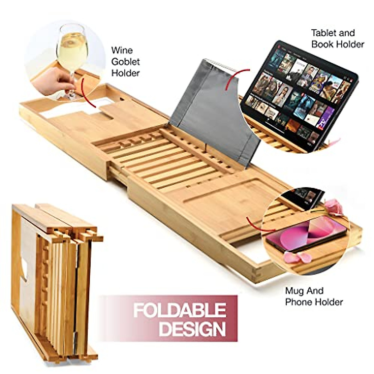 Luxury Bathtub Tray Caddy - Foldable Waterproof Bath Tray & Bath Caddy - Wooden Tub Organizer & Holder for Wine, Book, Soap, Phone Luxury Gift For Men & Women - Expandable Size, Fits Most Tubs Home It