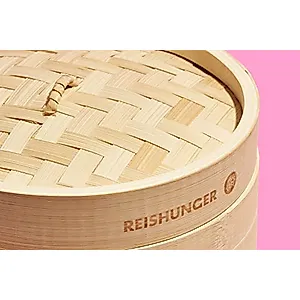 Reishunger Bamboo Steamer Handmade Basket, Traditional 2-Tier Design - 10 Inch - for Dumplings, Rice, Dim Sum, Vegetables, Fish and Meat - Incl. 2 Cotton Cloths