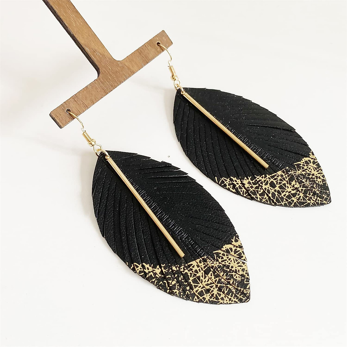Handmade Bohemian Lightweight Soft Genuine Leather Feather Leaf Dangle Drop Earring Sparkle Real Leather Large Leaf Hook Earrings With Simple Drop Metal Bar for Women Statement Jewelry Gifts (Black Color)