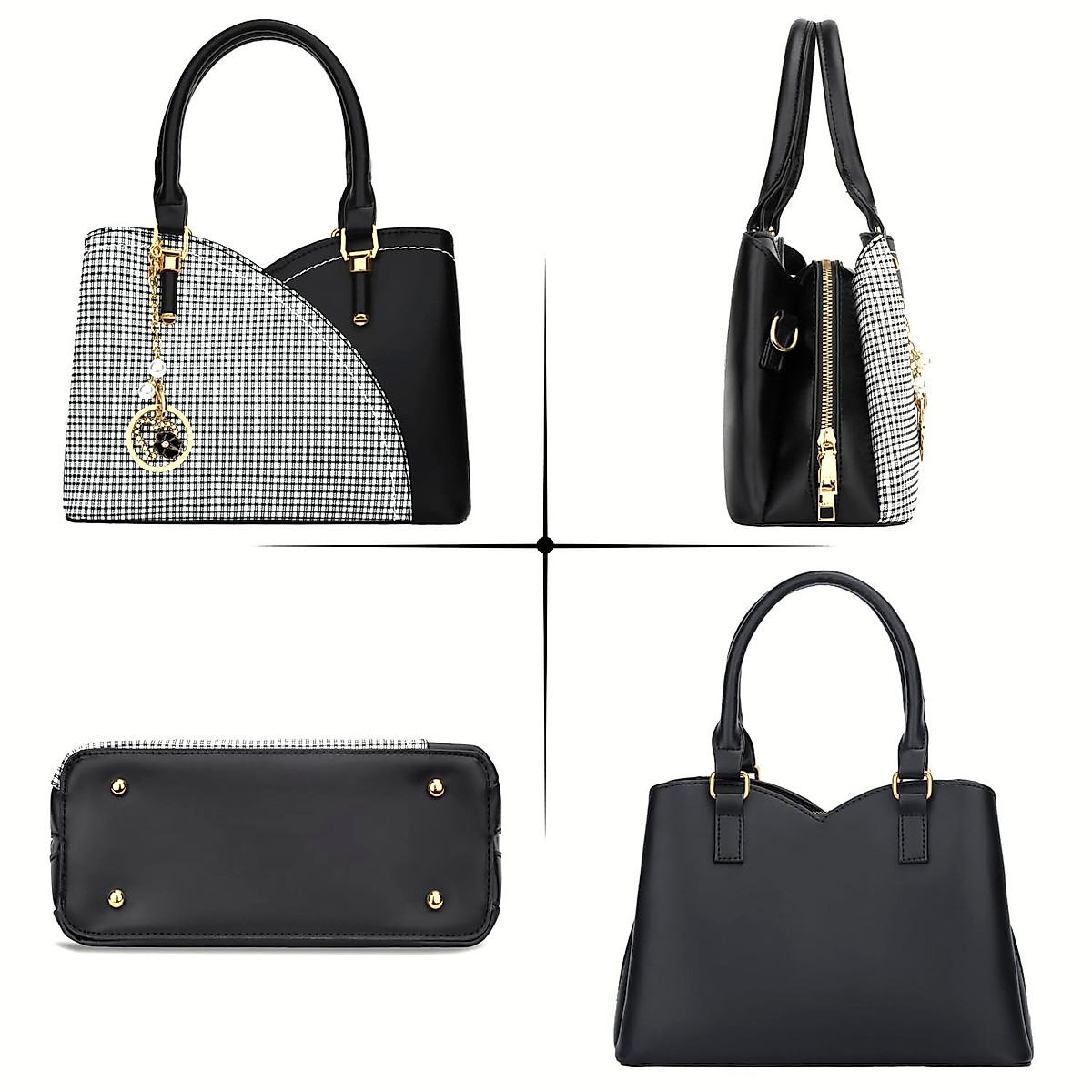 KKXIU Triple Compartments Purses and Handbags for Women Fashion Ladies Satchel Shoulder Top Handle Bag (1-Black)