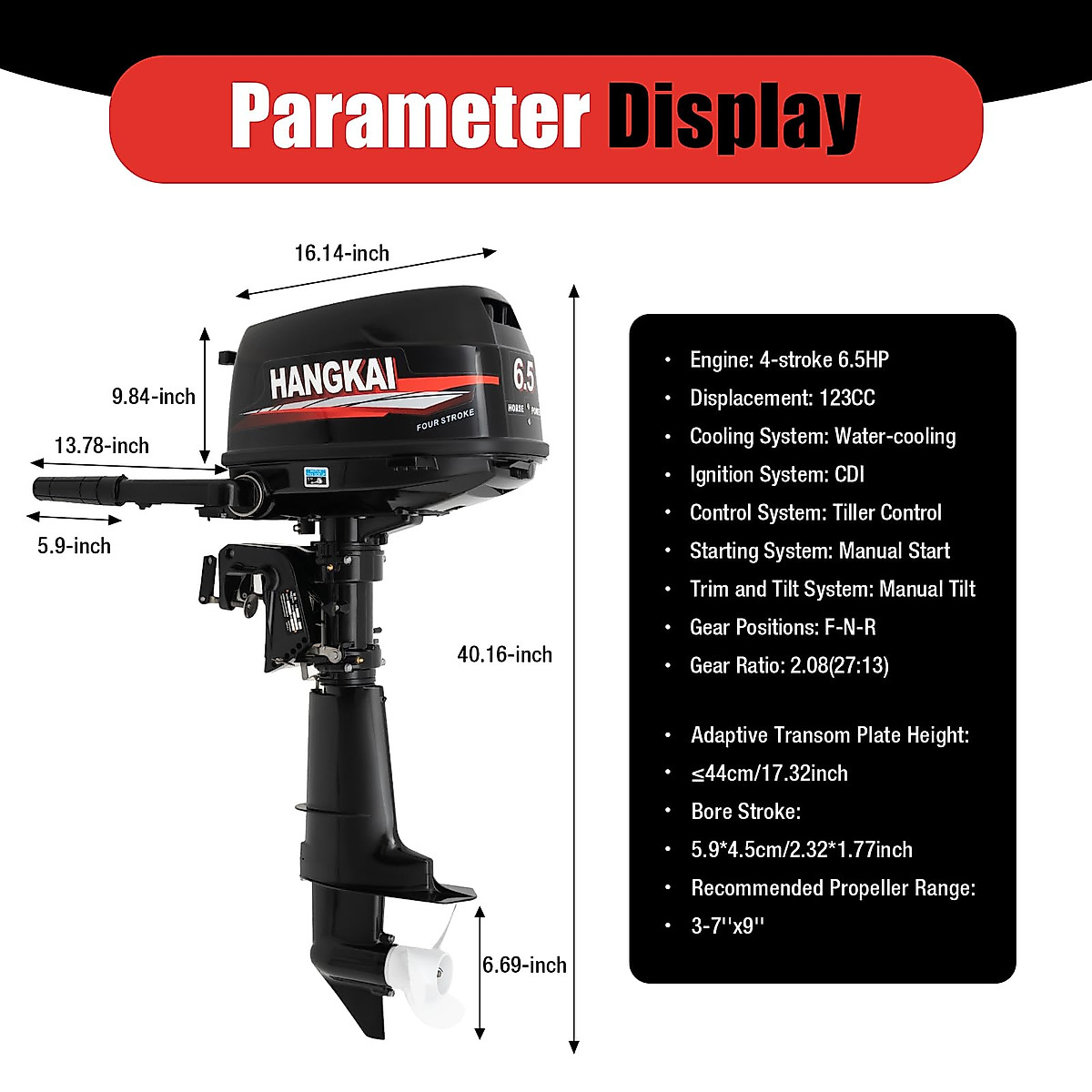 6.5HP 4 Stroke Outboard Motor, Heavy Duty Boat Motor with Water Cooling System Fishing Boat Engine with 12 Liter Fuel Tank - Tiller control, Manual start, 123CC, Short Shaft